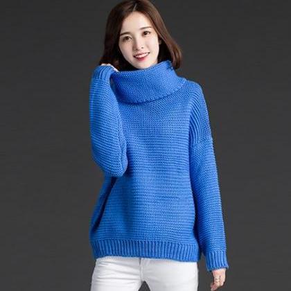 Blue Fashion Winter High-collar Long Sleeve Sweater on Luulla
