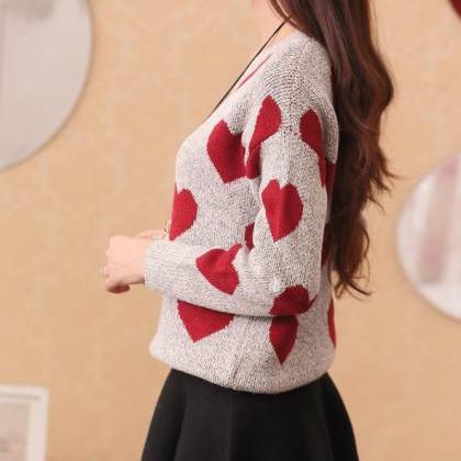 Heart Pattern Women Knit Pullover Sweater Shirt on Luulla