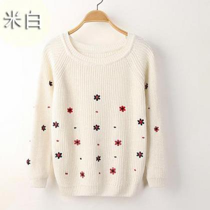 Cute Women Flower Pattern Long Sleeved Sweater Student Sweater on Luulla