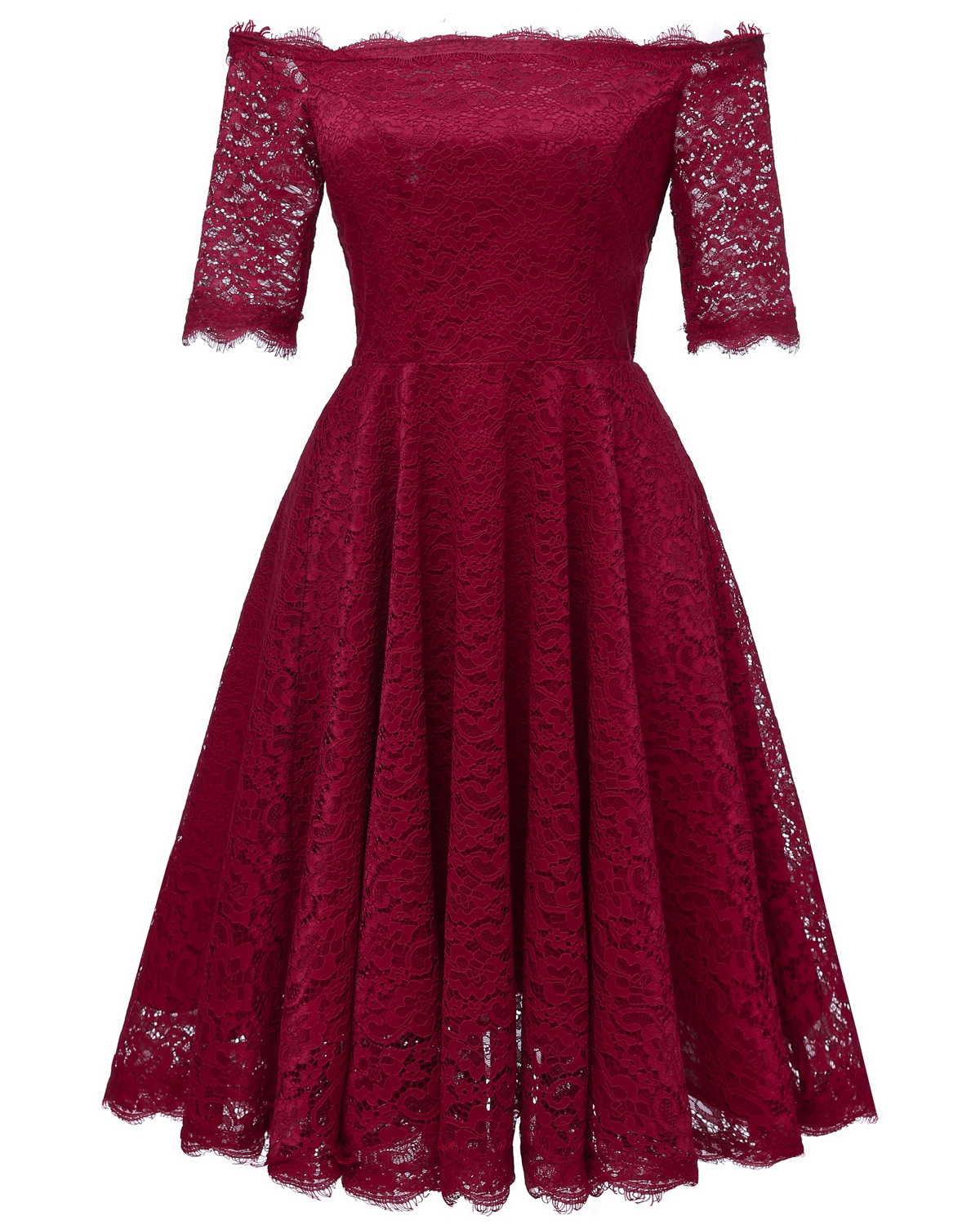 Fashion Off Shoulder Half Sleeve Floral Lace Dress Party Dress - Wine ...