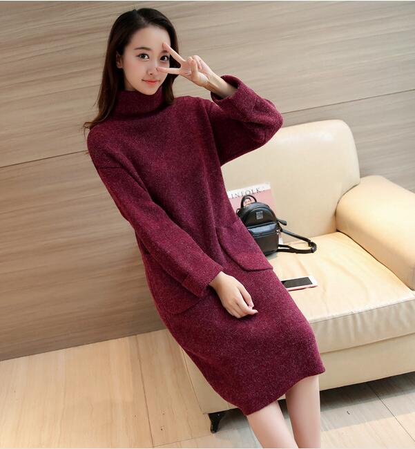 High Neck Pocket Long Sleeve Knit Sweater - Wine Red on Luulla