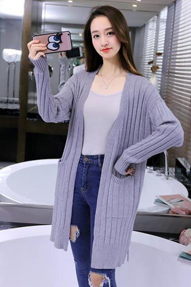 Loose Geometry Pattern Long Sleeve Knitting Wool Cardigans on Luulla