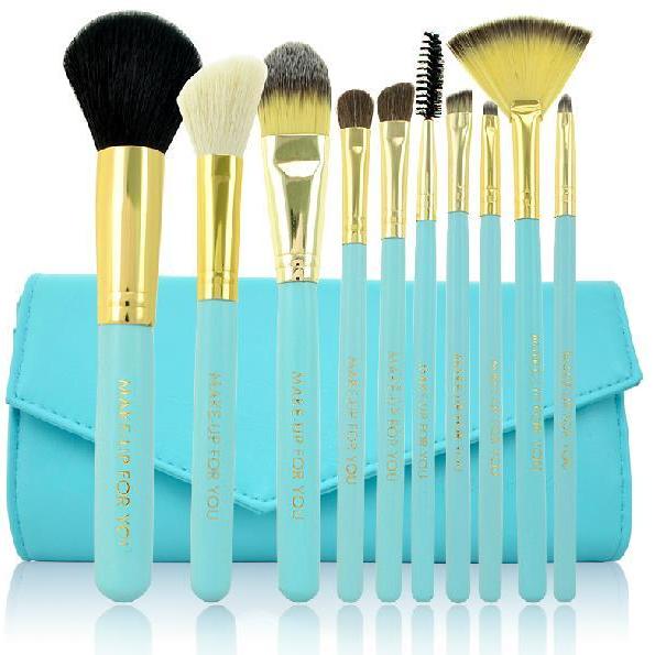 10 Pcs Professional Makeup Brush Set With Leather Case - Blue on Luulla