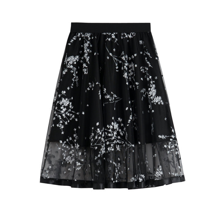 Black Floral Print Mesh Pleated Skirt on Luulla